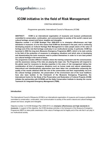 ICOM initiative in the field of Risk Management - Museo ...