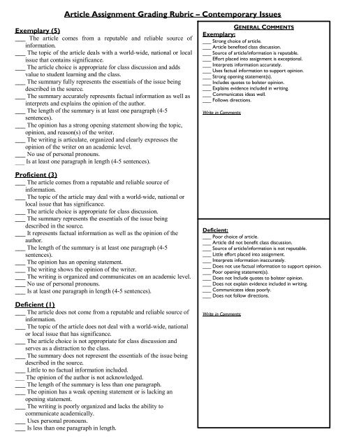 Article Assignment Grading Rubric ? Contemporary Issues