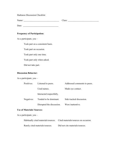 Harkness Discussion Checklist