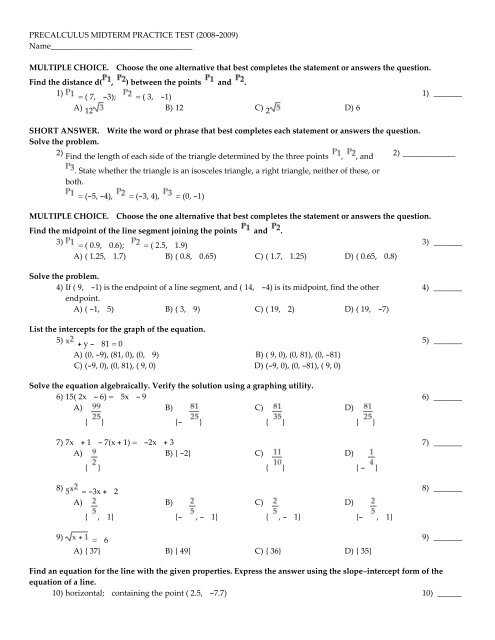 PRECALCULUS MIDTERM PRACTICE TEST (2008-2009 ...