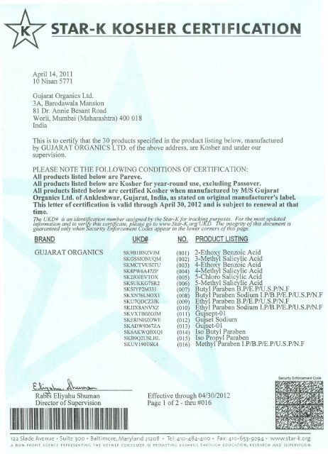 STAR-K KOSHER CERTIFICATION - Gujarat Organics Limited