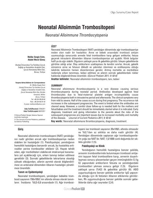 Neonatal Alloimmün Trombositopeni - Güncel Pediatri Dergisi