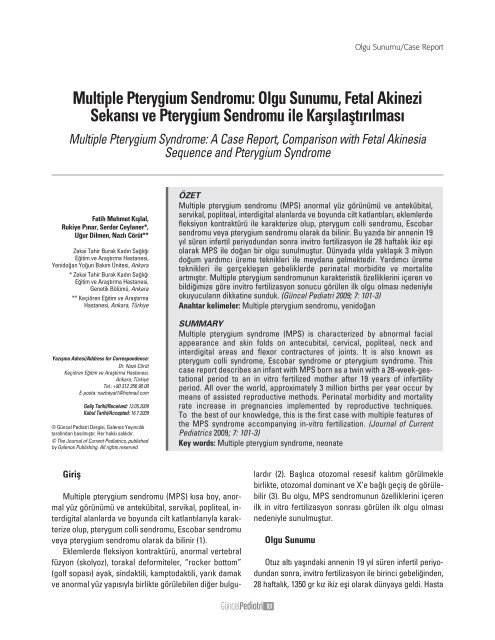 Multiple Pterygium Sendromu - Güncel Pediatri Dergisi