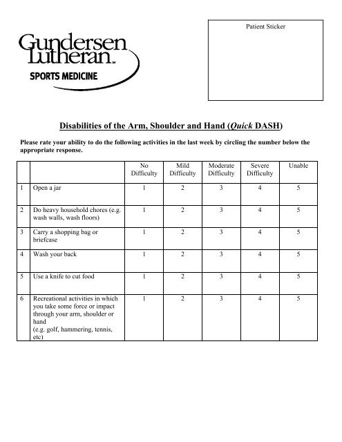 Disabilities Of The Arm Shoulder And Hand Quick Dash