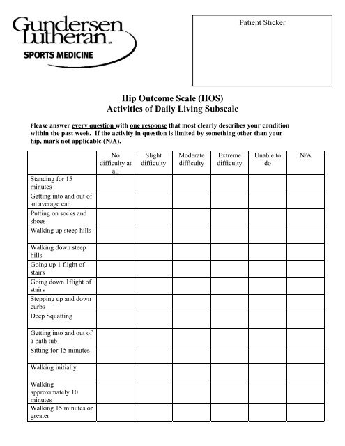 Hip Outcome Scale (HOS) Activities of Daily Living Subscale