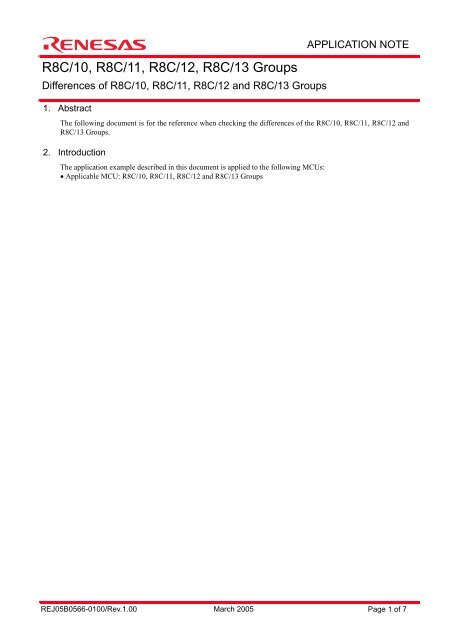 Differences of R8C/10, R8C/11, R8C/12 and R8C/13 Groups
