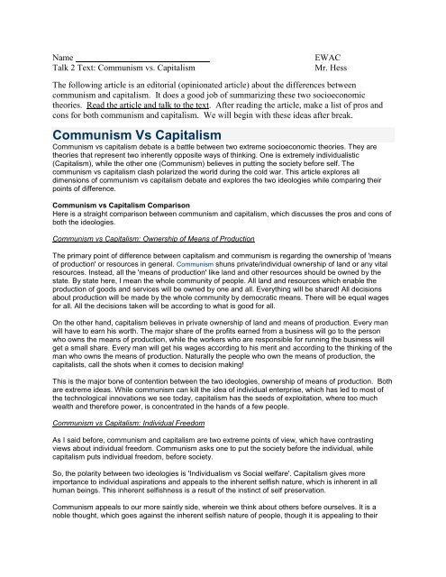 Capitalism Vs Communism Pros And Cons