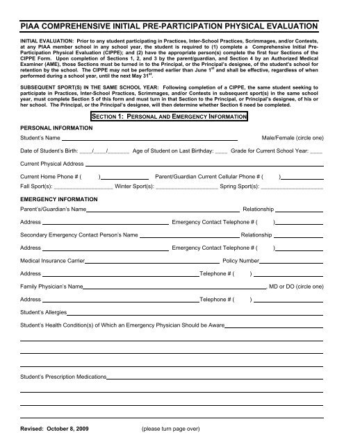 piaa comprehensive initial pre-participation physical evaluation