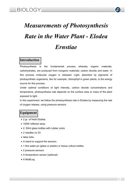 Measurements of Photosynthesis Rate in the Water Plant - Elodea ...