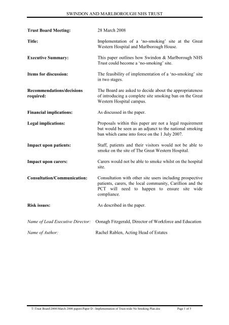 Implementation of Trust-wide No Smoking Plan - The Great Western ...