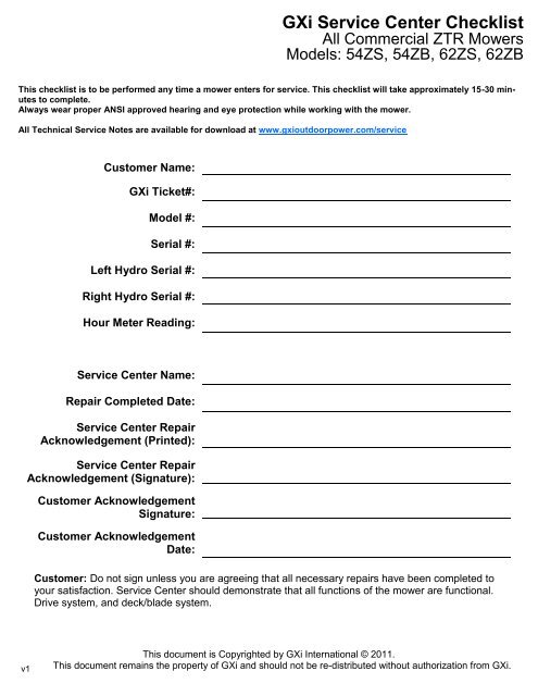Service Center Checklist for ZTR Mowers - GXi Outdoor Power