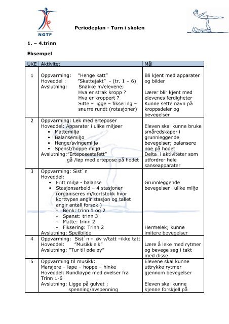 Periodeplan - Turn i skolen 1. – 4.trinn Eksempel UKE Aktivitet Mål 1 ...