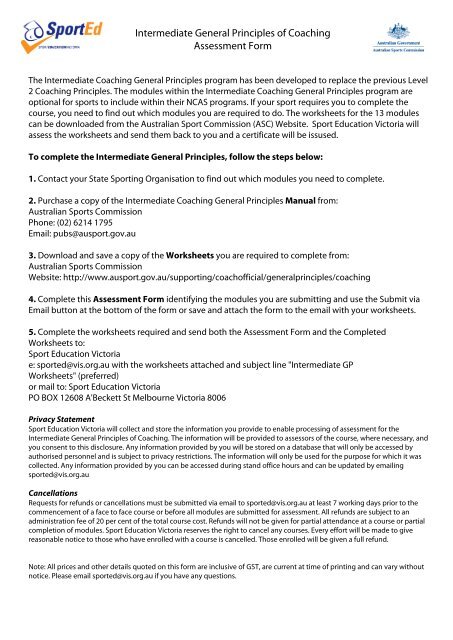 Intermediate General Principles of Coaching Assessment Form