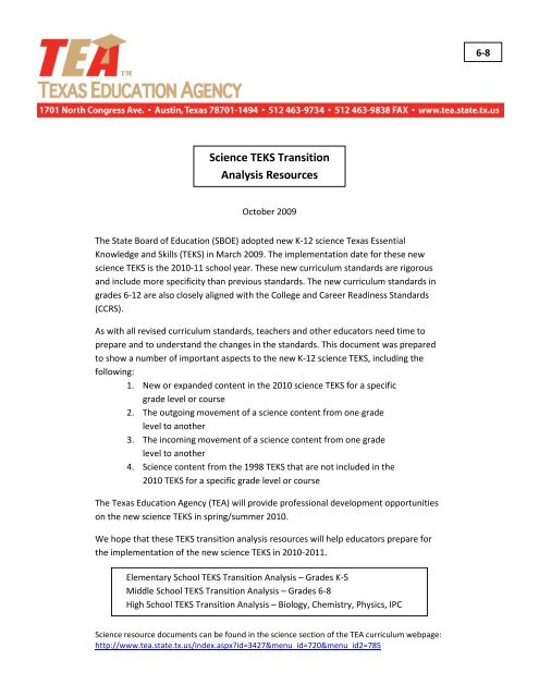 Science TEKS Transition Analysis Resources