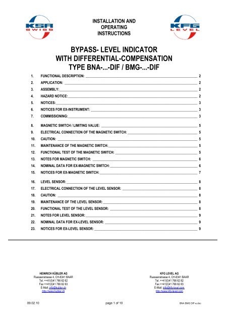 bypass- level indicator with differential-compensation type bna-...-dif ...