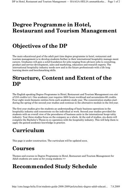 Degree Programme in Hotel, Restaurant and Tourism Management ...