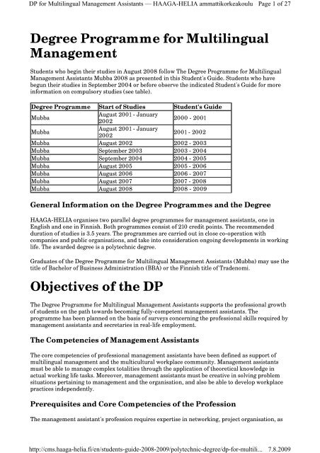 Degree Programme for Multilingual Management Objectives of the DP