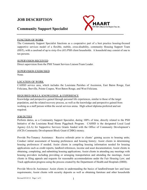 JOB DESCRIPTION Community Support Specialist - haart