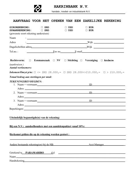 Aanvraagformulier zakelijke rekening - Hakrinbank