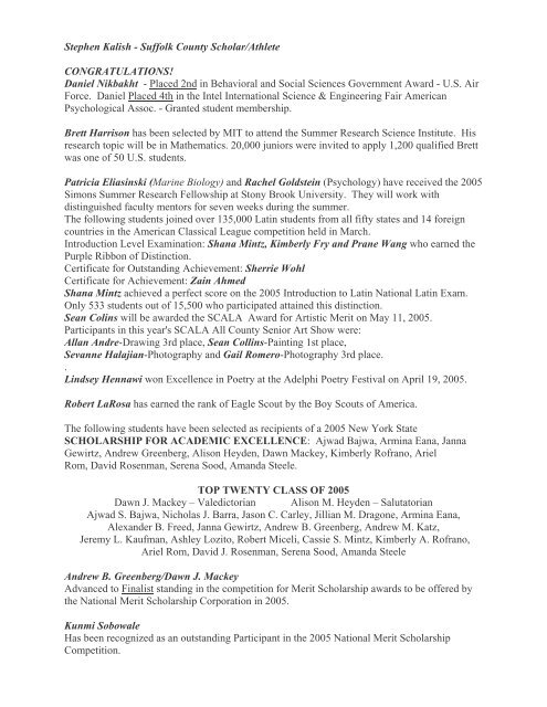 Stephen Kalish - Suffolk County Scholar/Athlete