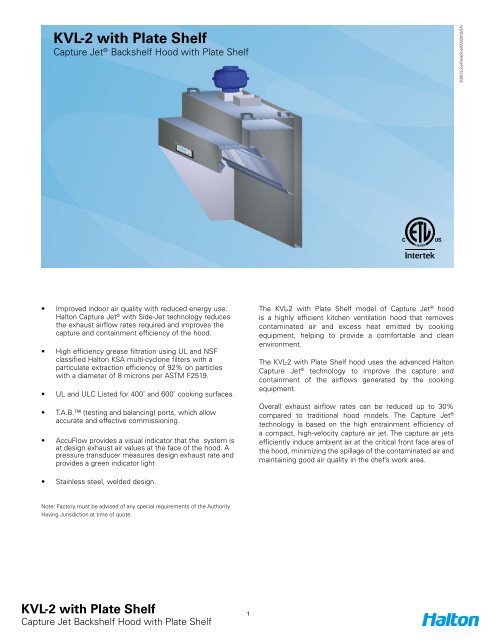 KVL-2 with Plate Shelf Spec Sheet - Halton Company