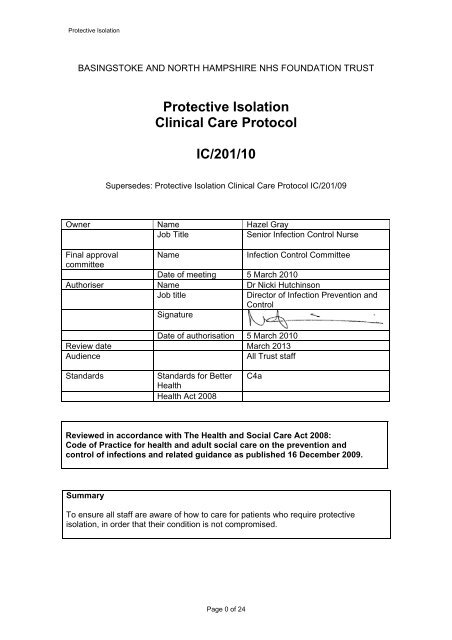 Protective Isolation Clinical Care Protocol - Hampshire Hospitals ...