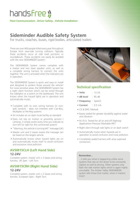 Sideminder specification sheet - Handsfree