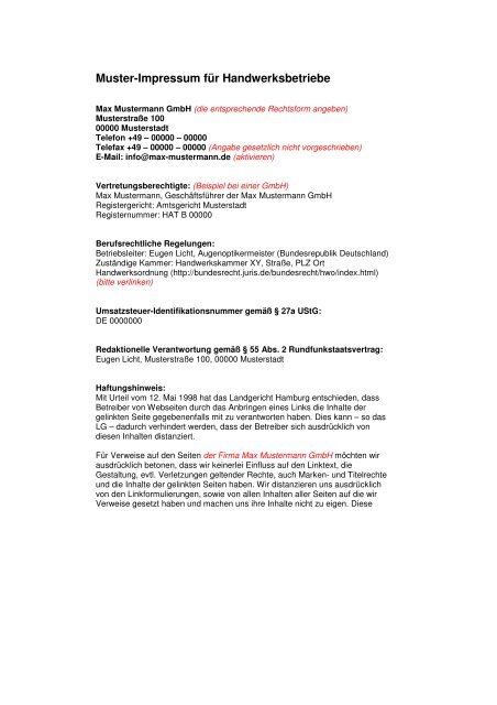 Muster-Impressum für Handwerksbetriebe