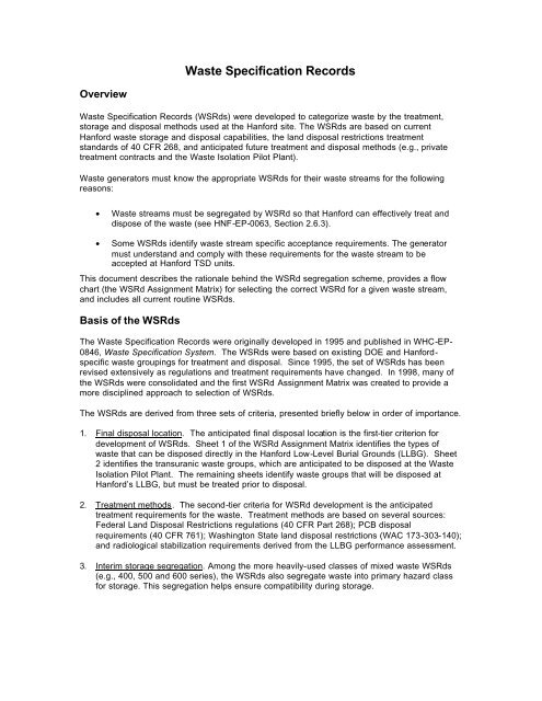 Waste Specification Records - Hanford Site