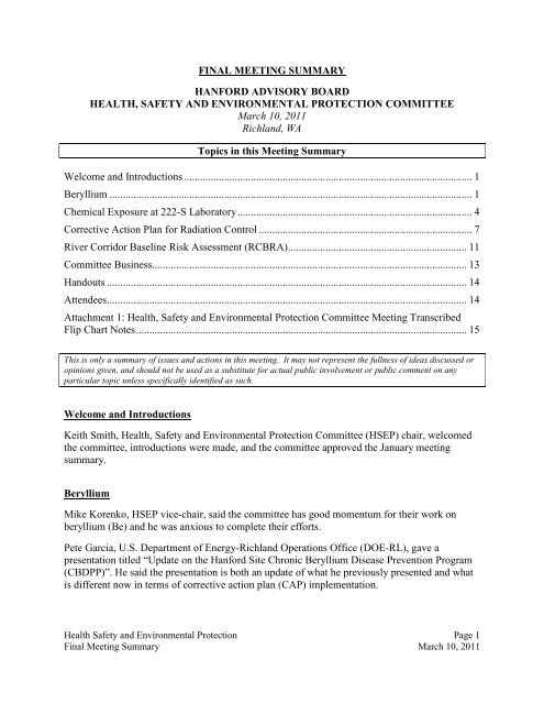 Health, Safety & Environmental Protection Committee ... - Hanford Site