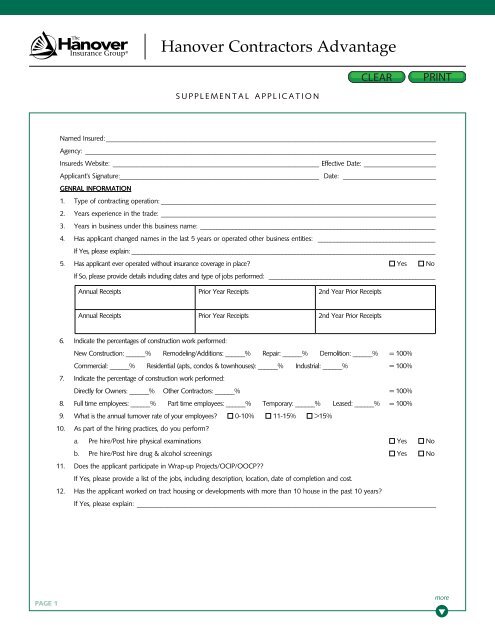Hanover Contractors Advantage Supplemental Application