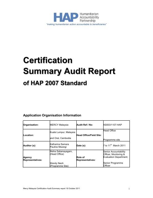 Certification Summary Audit Report - HAP International