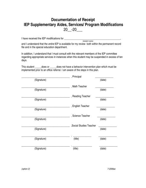 Documentation of Receipt IEP Supplementary Aides, Services ...