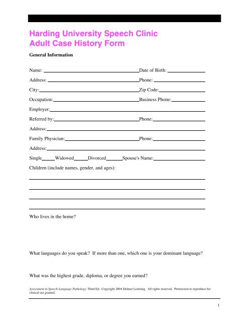 Harding University Speech Clinic Adult Case History Form