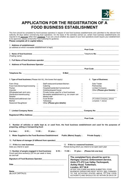 Application for Food Premises Registration form - Haringey Council