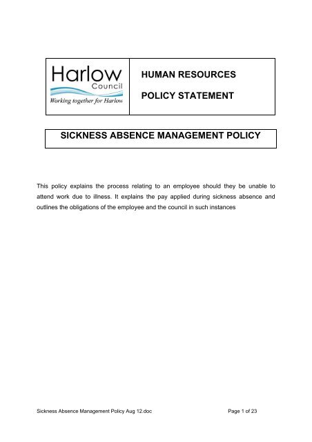 Sickness Absence Management Policy - Harlow Council