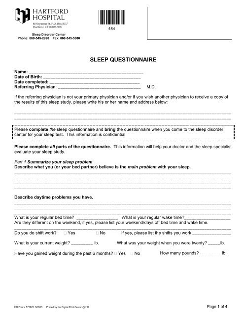 571625 - Sleep Disorder Center - Patient Questionnaire