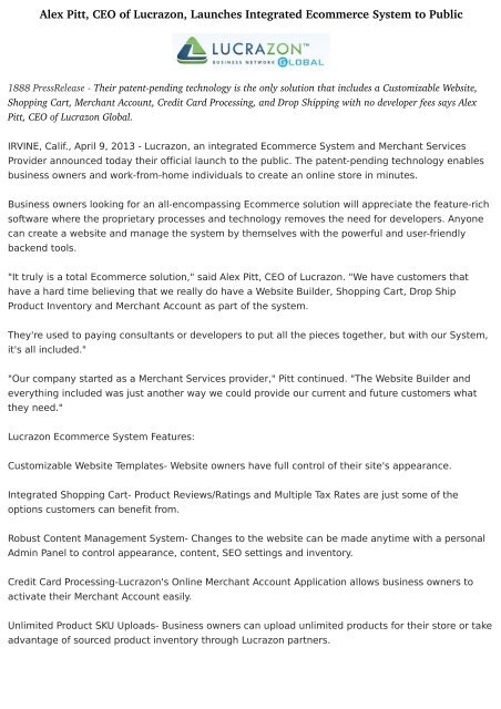 Alex Pitt, CEO of Lucrazon, Launches Integrated Ecommerce System to Public