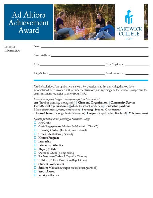 Ad Altiora Achievement Award application - Hartwick College