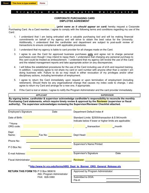 Corporate Purchasing Card Employee Agreement