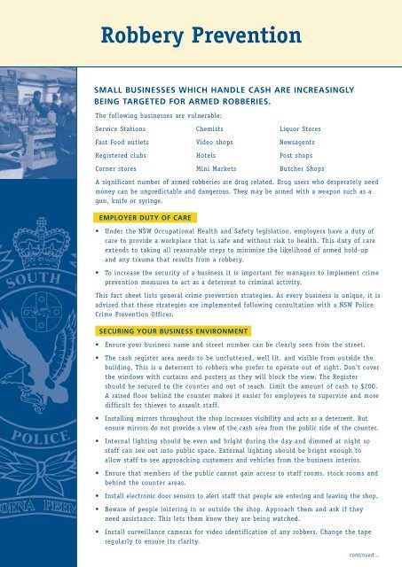 Robbery Prevention Fact Sheet (94KB)
