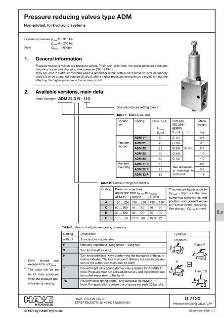 Pressure reducing valves type ADM