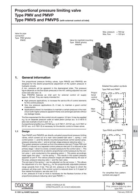 Proportional pressure limiting valve Type PMV and PMVP