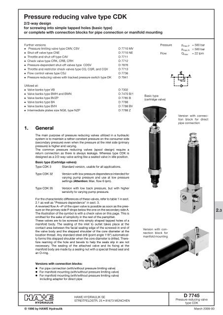 Pressure reducing valve type CDK