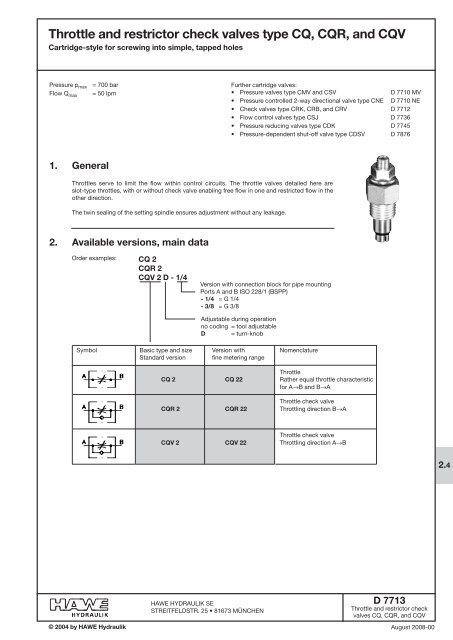 Throttle and restrictor check valves type CQ, CQR, and CQV