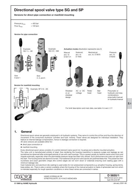 Directional spool valve type SG and SP