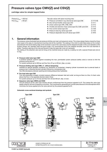 Pressure valves type CMV(Z) and CSV(Z)