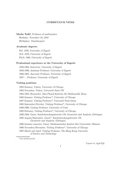 CURRICULUM VITAE Marko Tadic, Professor of mathematics ...