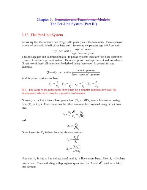 Chapter 3. Generator and Transformer Models; The Per-Unit ... - ECE