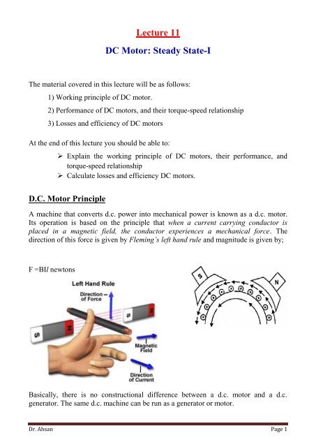 Lecture 11 DC Motor: Steady State-I Lecture 11 DC Motor: Steady State-I